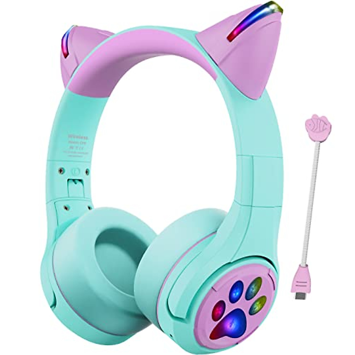 Riwbox CF9 Cat Ear Kids Bluetooth Headphones with LED Light Up,Safe 85dB Volume Limit,Built-in Mic&Boom Mic for Calls,Kids Wireless&Wired Headphones for Girls/Toddler/Online Learning/School (Green)