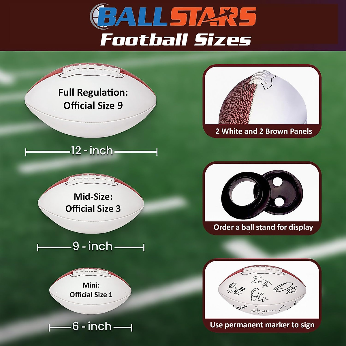 Ballstars Autograph Blank Full Regulation 12 Inch Football Without Base | Official Size 9 | Football Trophy for Signing with Two White Panels