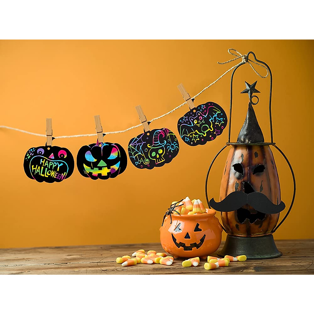 WaaHome Halloween Thanksgiving Scratch Art Crafts for Kids 24pcs Pumpkin Rainbow Scratch Art Paper for Kids School Classroom Game DIY Crafts Halloween Thanksgiving Fall Party Decorations Favors