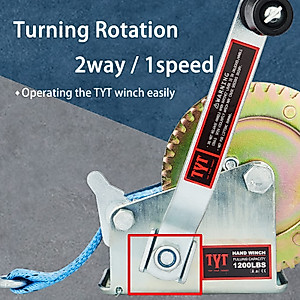 TYT 1200LB Boat Trailer Winch Strap Winch with Blue 26FT Rope, Hand Crank Winch with Hook, High Carbon Steel Dual Ratchet Gear Manual Winch for Towing Pulley Boat Trailer Truck RV Jet Ski Marine Winch