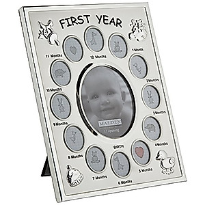 Malden International Designs Baby's First Year Collage Picture Frame, 13 Option, 1-3.5x4, 12-1x1, Silver