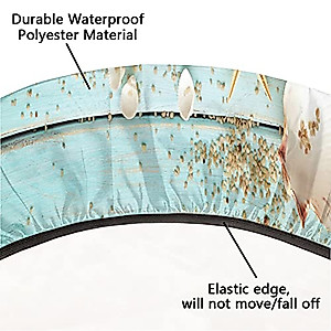Beach Wood Texture Elastic Edge Round Tablecloth Shell Starfish Fitted Table Cover Waterproof Wipeable Round Table Cloth for Parties Outdoor Dining Table Decor Pads Size 48"(Fit for 36"-42" Table)