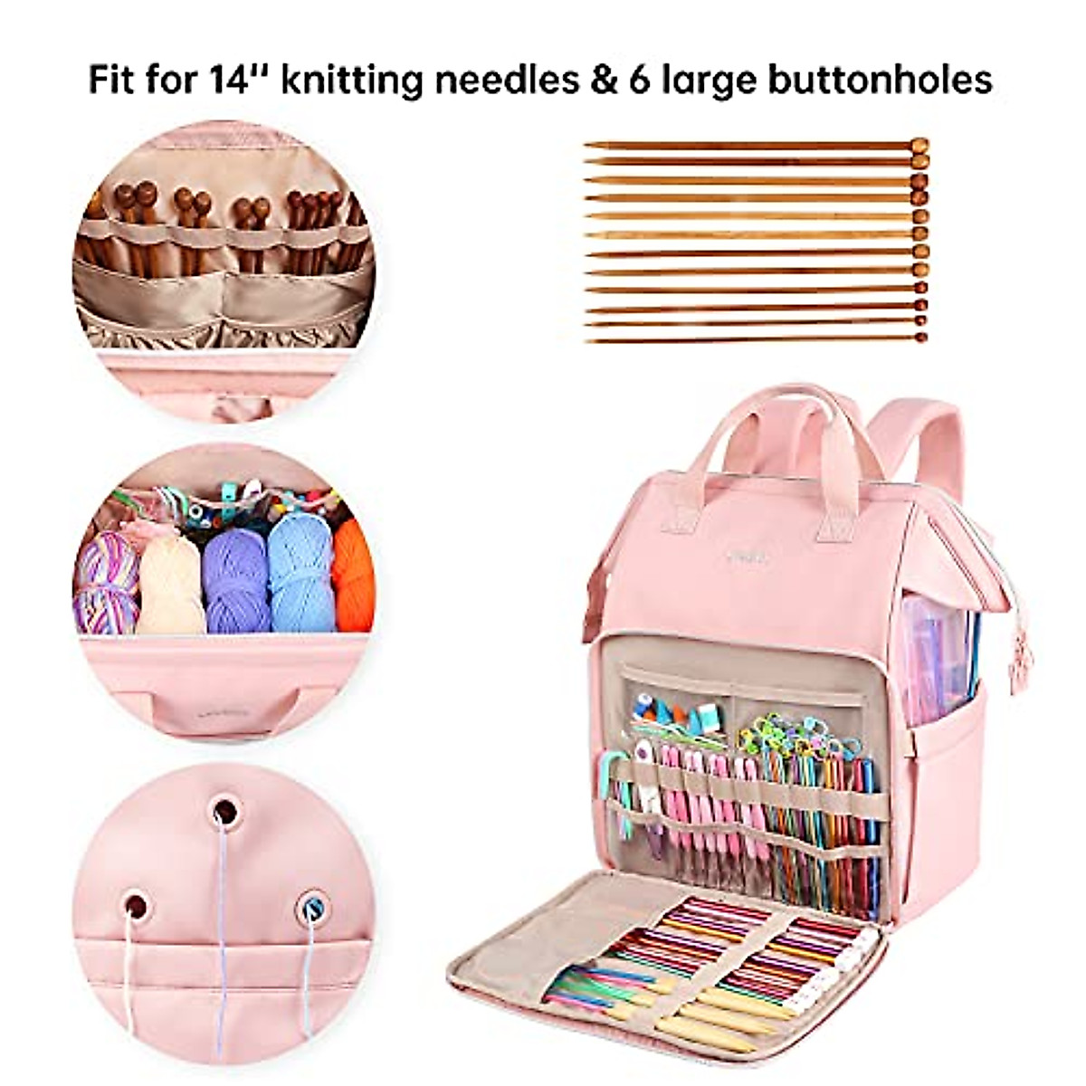 Knitting Bag Backpack,Leudes Yarn Storage Organizer Large Crochet Bag Tote Water Resistant Yarn Holder Case for Carrying Projects, Knitting Needles, Crochet Hooks and Other Accessories (Pink)