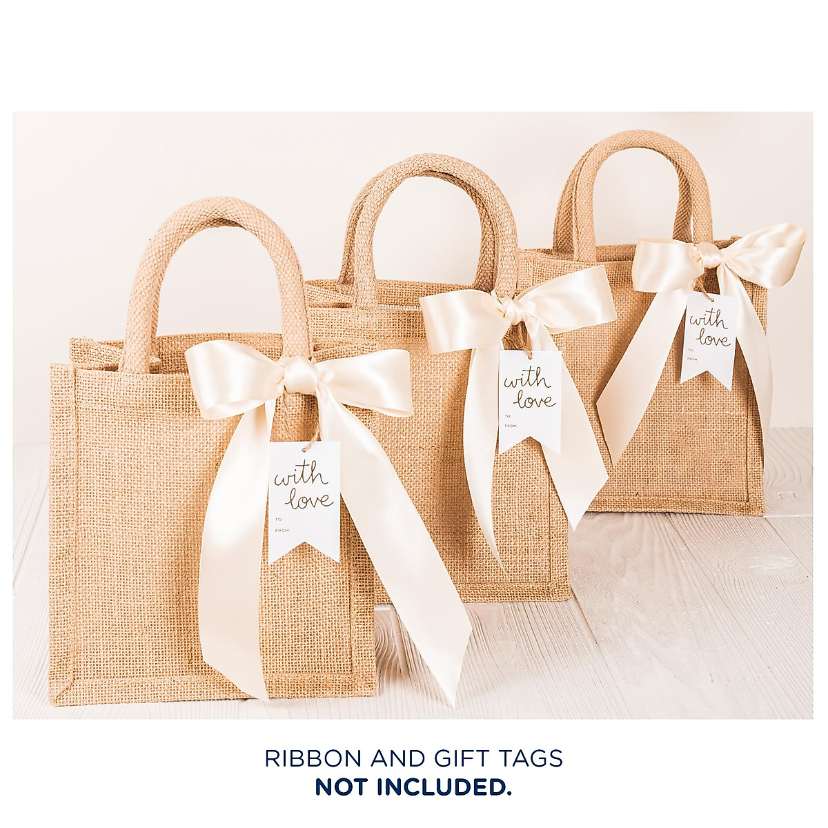 Imagine Color 50 Small Jute Burlap Gift Bags with Handles in Bulk, Burlap Tote, Wedding Welcome Bags, Bridesmaids Gifts, Bachelorette Party Favors Swag bags DIY Reusable 8”x 8”x6