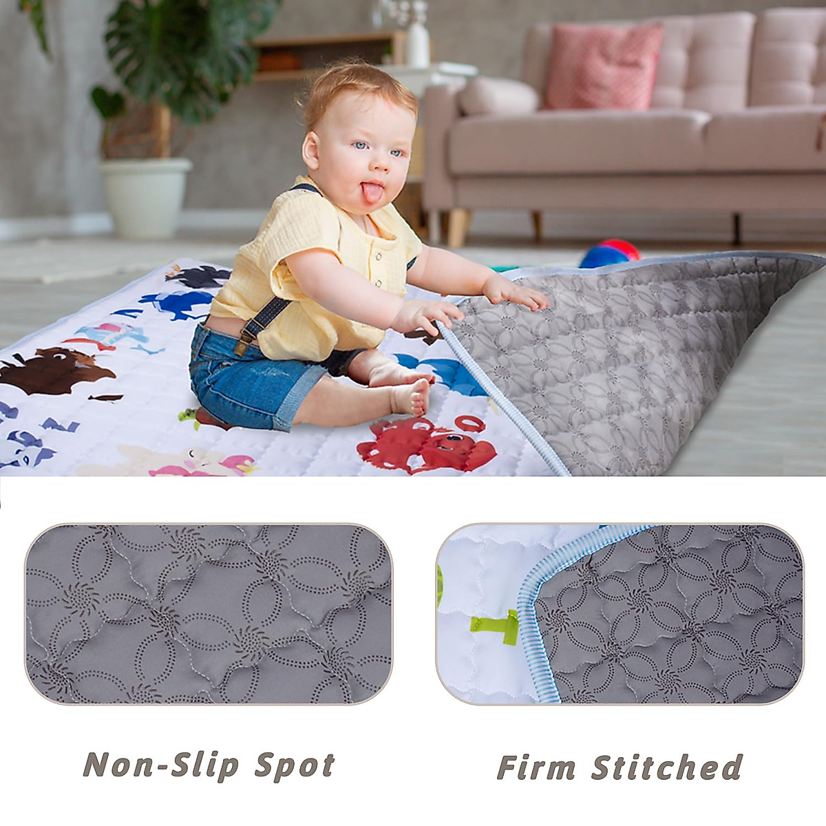 Beavtaens Baby Play Mat, 50x50 Playpen Mat with Super Soft Touch, Activity Mat with Upgraded Anti-Slip Bottom, Machine Washable Crawling Mat for Floor & Picnic (Animal)