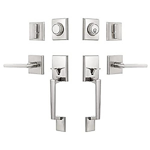 NeuType Front Door Handle Set Satin Nickel Double Door Handle Set with Dummy Heavy Duty Double Door Lock Set, with Single Cylinder Deadbolt and Lever Handle, Compatible with Right & Left Handed Doors