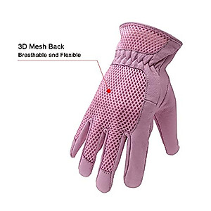 HLDD HANDLANDY Women Gardening Gloves with Grip, Leather Work Gloves Women, 3D Mesh Breathable Rose Garden Gloves (Medium, Pink)