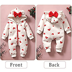 AMAWMW Baby Girl Valentines Day Outfit Newborn Love Heart Hooded Jumpsuit SnowSuit Infant Warm Winter Clothes Gifts Set Stuff