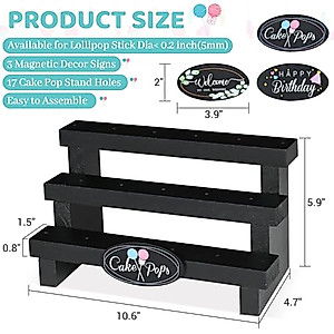 Y&ME YM Cake Pop Stand, 3-Tier Cake Pop Holder with Decor Sign, Lollipop Stand for Dessert Display, 17 Holes Cakepops Stick Stand, Wood Cake Stand for Wedding/Birthday/Baby Shower/Party (Black)