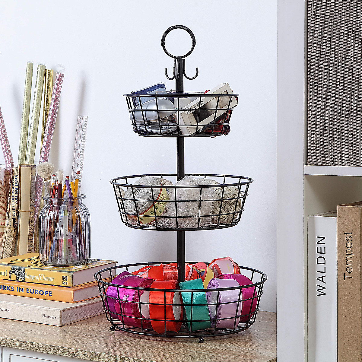 SunnyPoint Countertop French Country 3 Tier Wire Basket Stand For Storing & Organizing, Eggs, And More (3 Tier, Black)