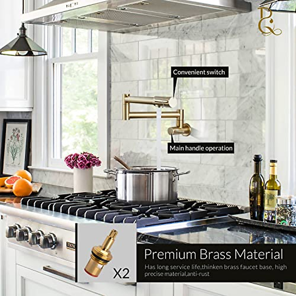 Brassqueen Wall Mounted Pot Filler Kitchen Faucet, Brushed Gold Finish, 2.2 GPM, 15 L/min, 1/2 NPT Connecting Thread, Stainless Steel Core, Dual Ceramic Valves, Anti-Scratch Matte Plating