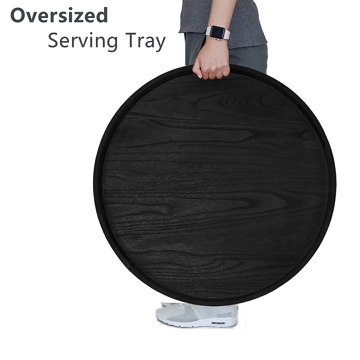 16 Inches Extra Large Solid Wooden Serving Tray Round Tea Coffee Table Tray Snack Food Meals Serving Plate Kitchen Party Bar Server Breakfast Tray with Raised Edges Ottoman Tray Nature Wood