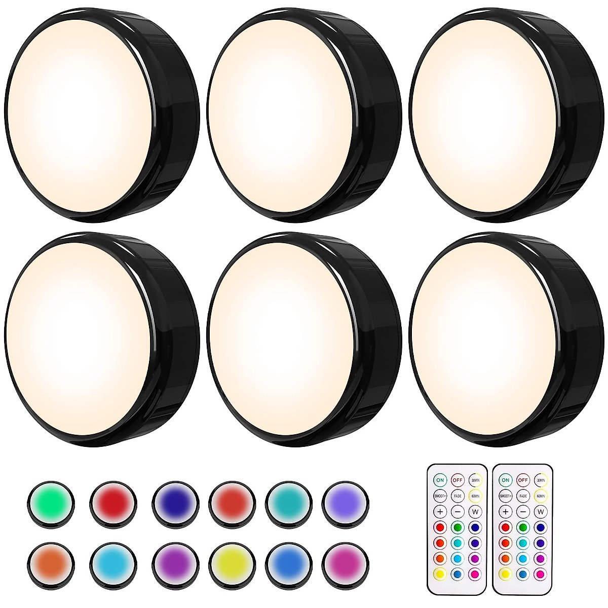HELPLEX Puck Lights with Remote, Colors Changeable LED Puck Light Battery Powered Dimmable Under Cabinet Lights Wireless Under Counter Light RGBW Push Light, Timing & Memory Function, Black, 6 Pack