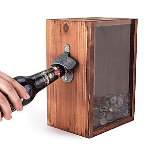 Mealivos Bottle Opener And Cap Saver – Classic Rustic Wood Standing With Beer And Soda Cap Collector,Ideal Gift for Men and Beer Lovers
