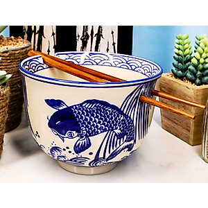 Ebros Ming Style Zen Blue White Koi Fishes By Waterfall Ramen Udong Noodles 5" Diameter Bowl With Built In Chopsticks Rest and Bamboo Chopstick Set for Dining Soup Rice Meal Cereal Bowls Decor Kitchen