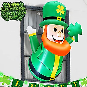 TURNMEON 3.5 Ft St. Patrick's Day Inflatable Decoration Outdoor Blow Up Leprechaun Holds Shamrocks Clover Lean Out from Window with LED Lights Irish St.Patrick's Day Decorations Yard Lawn Garden Party