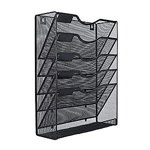 EasyPAG Mesh Wall Hanging File Organizer Holder 5 Tier Vertical Pocket Magzine Rack with Tray | Sides Closed ,Black