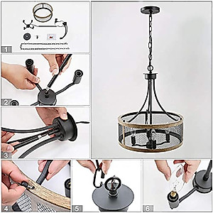 LALUZ Farmhouse Chandelier, Dining Room Light Fixture, Drum Chandeliers, 16” Width, Oil Black & Wood Painted Finish