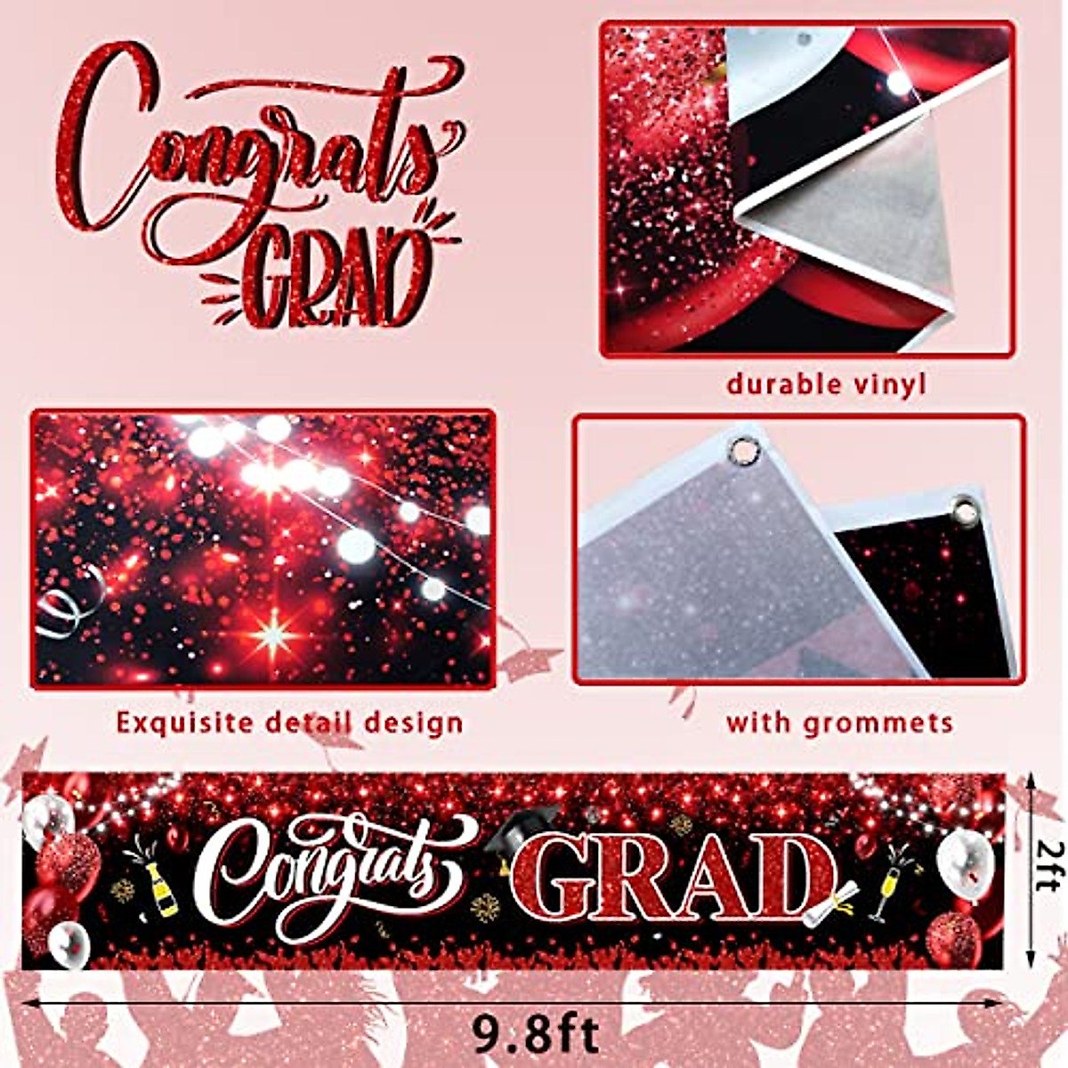 Graduation Party Banner Decoration-2023 Congrats Grad Supplies Yard Sign Banner,Class of 2023 Backdrop for Grad Party Decoration (RED)