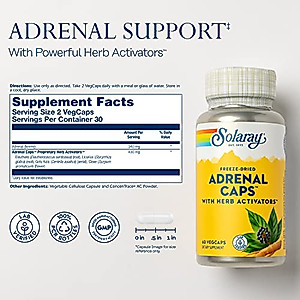 Solaray Freeze-Dried Adrenal Caps with Herb Activators, Eleuthero, Licorice, Gotu Kola, and Clove, Adrenal Support Supplements for Healthy Stress Management, Lab Verified, 60-Day Money-Back Guarantee, 30 Servings, 60 VegCaps