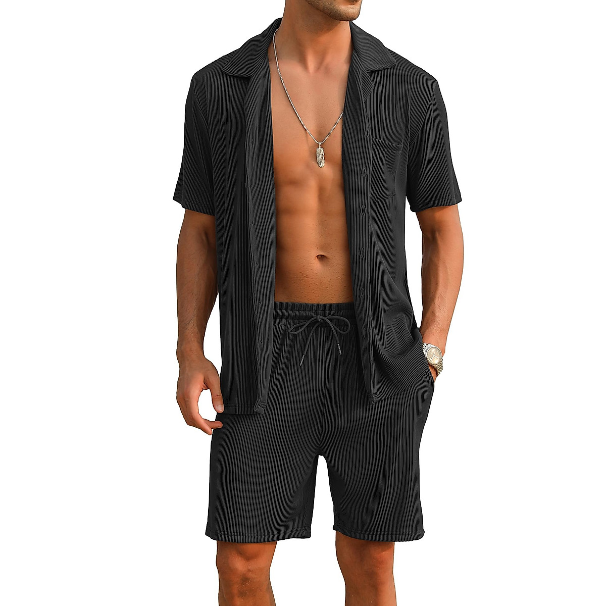 LecGee Mens Vacation Outfits Black Beach Short Sets Oversized Shirts Hawaiian Tracksuits Two Piece Short Set
