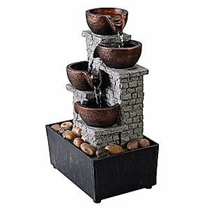 Kalona 4-Tier Cascading Bowl Fountains Indoor Waterfall Fountain Relaxation/Meditation Tabletop Fountain Artistic Peaceful Desk Fountains with Reflective Lighting/Rocks Home/Office Decoration(21132B)