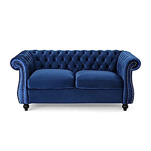 Christopher Knight Home Karen Traditional Chesterfield Loveseat Sofa, Navy Blue and Dark Brown, 61.75 x 33.75 x 27.75