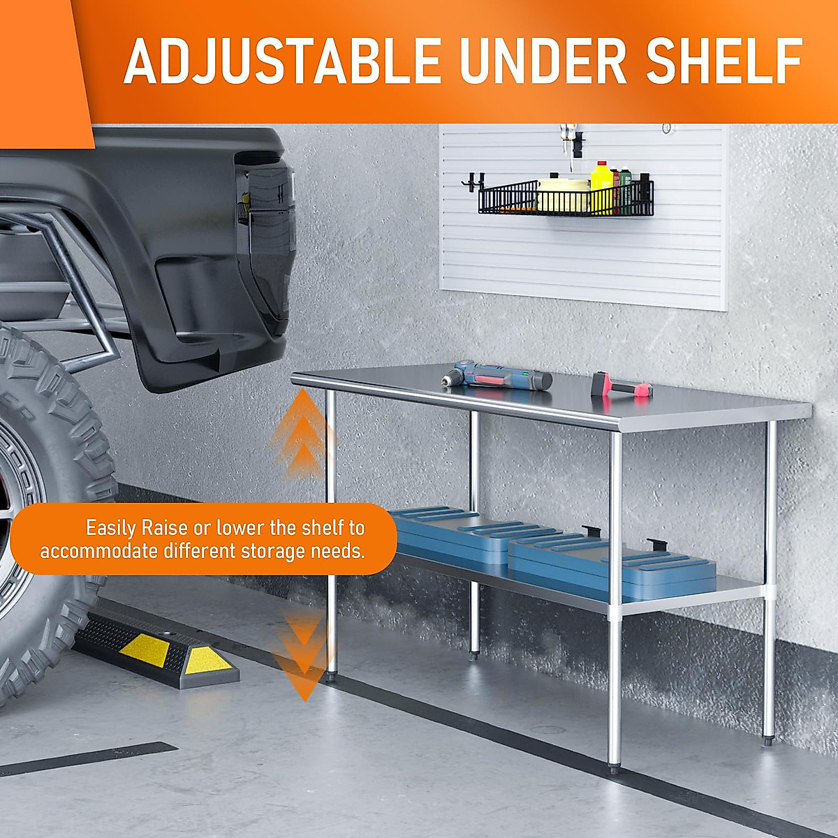 HOCCOT Stainless Steel Table for Prep & Work 24" X 60" inches with Adjustable Shelf, Commercial Workstations, Utility Table in Kitchen Garage Laundry Room Outdoor BBQ