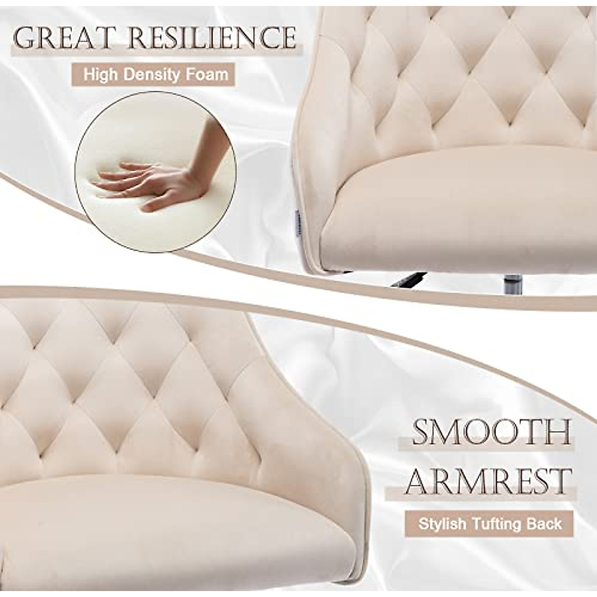 Baysitone Velvet Home Office Desk Chair, Modern Swivel Task Armchair with Adjustable Height, Upholstered Tufted Accent Computer Chair for Home and Office Working or Studying, Beige