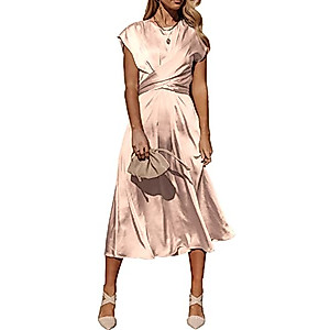 PRETTYGARDEN Women's 2023 Summer Satin Midi Dress Cap Sleeve Tie Waist Elegant A-Line Flowy Dresses (Champagne,Small)