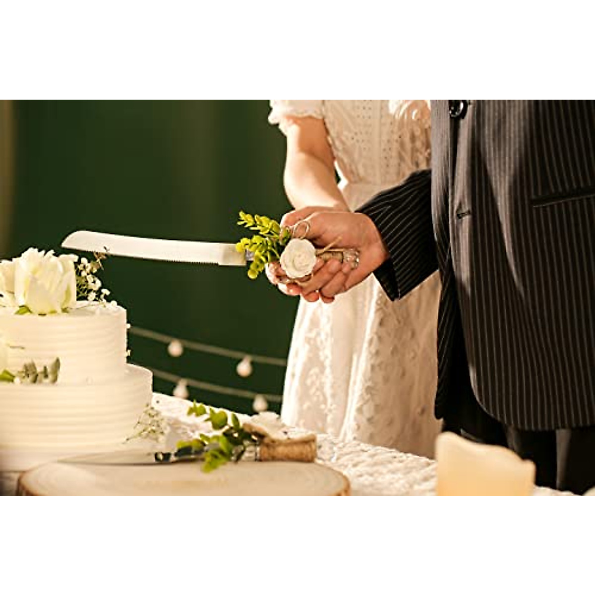 Joy Ceremony Wedding Cake Knife and Server Set, Rustic Cake Cutting and Serving Set - Bridal Cutter Set with Eucalyptus Leaves (White - 2'' Rose)