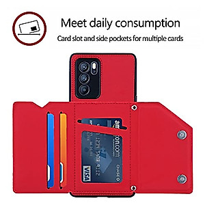 SATURCASE Case for Oppo Reno 6 Pro 5G, PU Leather Soft Silicone TPU Anti-Drop Foldable Kickstand Card Slots Metal Buttons Protective Back Cover for Oppo Reno 6 Pro 5G (Red)