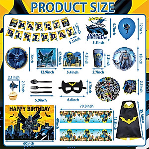 186PCS batm Birthday Party Supplies,Superhero Party Decorations Set Include Birthday Banner,Cake Topper,Cupcake Toppers,Tablecloth,Napkins,7Inch Plates,Invitation Card,Knives,Forks,Spoons