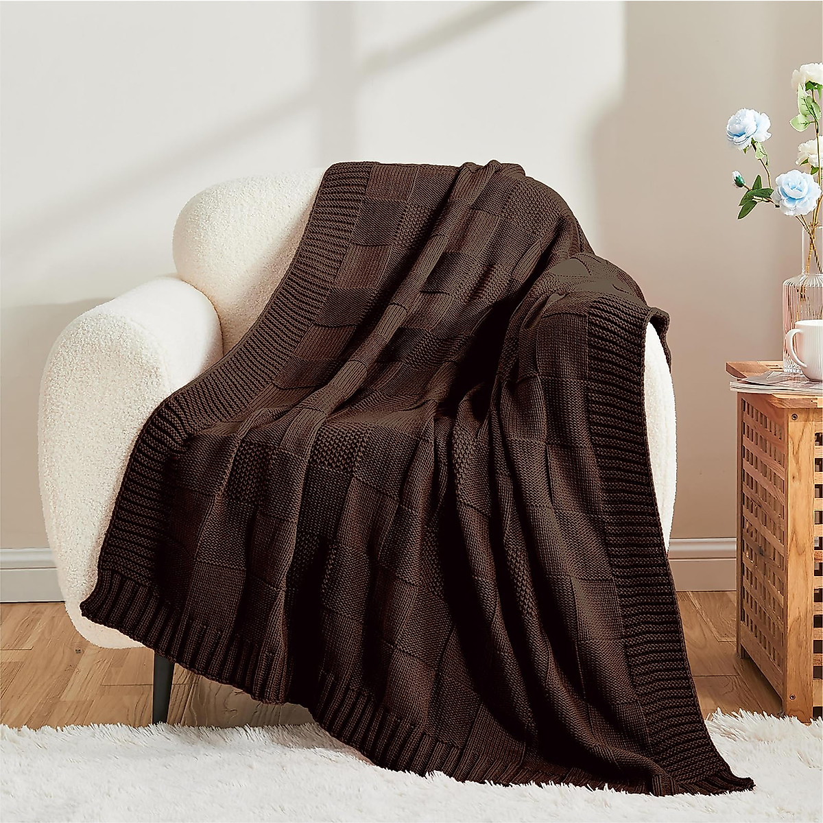 CozeCube Knit Throw Blanket, Brown Checkered Throw Blanket for Couch, Soft Cozy Warm Knitted Throw Blanket for Couch Bed Sofa Living Room, Decorative Spring Fall Throw Blanket 50"X60", Dark Brown