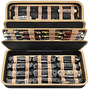 Knife Display Case for 64+ Pocket Knives, Butterfly Knife Storage Box, Folding Knives Organizer Holder, Knives Collection Protector for Survival, Tactical, Outdoor, EDC Mini Knife (Bag Only) - Brown