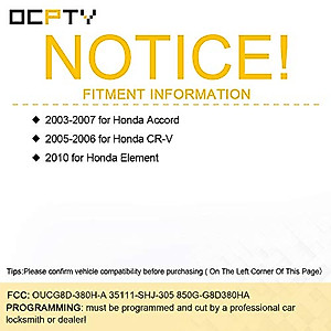 OCPTY 2X Flip Key Entry Remote Control Entry Remote key Fob Transponder Ignition Key replacement for 04-2 for H onda Accord CR-V fcc:OUCG8D-380H-A 35111-SHJ-305 850G-G8D380HA
