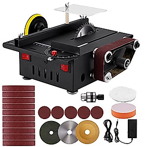 Mini Multifunctional Table Saw 300W 0.8" Cut Depth, 1.2” x 16” Belt Sander 6” Disc Sander for Crafts Wood Stone Cutting and Grinding, w/ 10 Sanding Belts and 5 Sandpapers