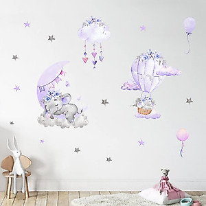 Yovkky Girls Purple Elephant Wall Decals Stickers, Moon Cloud Hot Air Balloon Flower Grey Stars Nursery Decor, Baby Shower Bedroom Decorations Toddler Kids Room Art Party Supply Gift