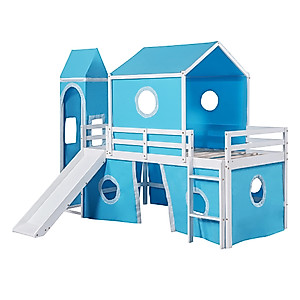 VilroCaz Playhouse Design Twin Size Low Loft Bed with Slide & Tent and Tower, Solid Wood Tent Bed Frame for Kids Boys Girls, Versatile Spacious Under Bed Space with Curtains(Blue-TW)