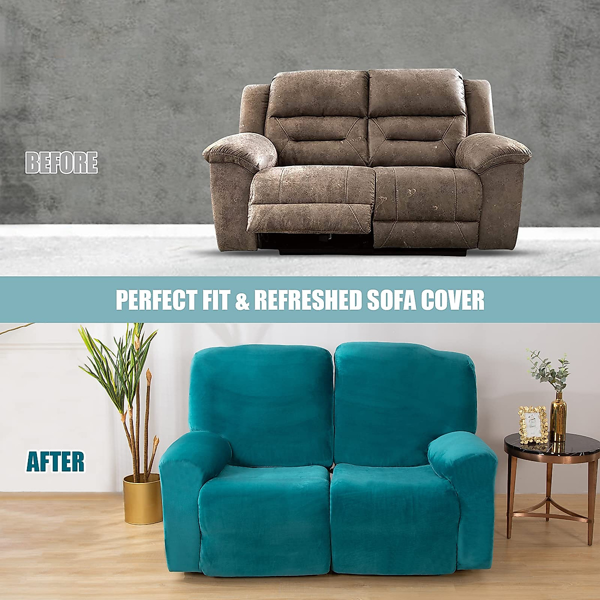 Loveseat Recliner Slipcover, 2 Seat Stretch Reclining Love Seat, Slipcover Recliner Loveseat Sofa Cover with Side Pocket, Anti-Slip Elastic Chair Covers Furniture Protector for Kids, Pets, Dog and Cat