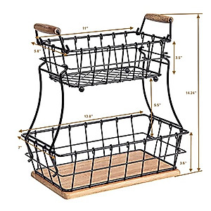SunnyPoint 2-Tier Rectangle Countertop Fruit, Bread Wire Basket (Black, Metal + Wood base)