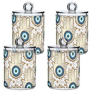 Vnurnrn Evil Eye Hand Clear Plastic Jar Set for Cotton Ball Cotton Swab Cotton Round Pads Floss, Bathroom Canisters Storage Organizer, Vanity Makeup Organizer 2 Pack