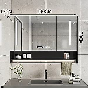 ZJIEX Medicine Cabinet, LED Bathroom Mirror Cabinet, Anti-Fog 32x28in Wall Mirror with Mirror Doors & Towel Bar, Multipurpose Storage Organizer (Color : Black, Size : 40x28in/100x70cm)