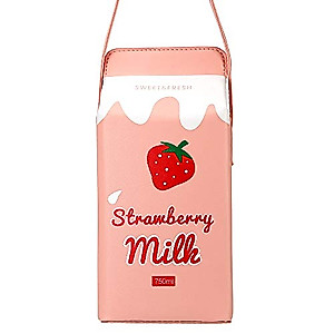 QiMing Strawberry Milk Box CrossBody Purse Bag,PU Phone Shoulder Wallet for Women Girl