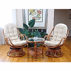 Bali Lounge Swivel Rocking Chair with Light Brown Cushion Natural Rattan Wicker Handmade, Colonial