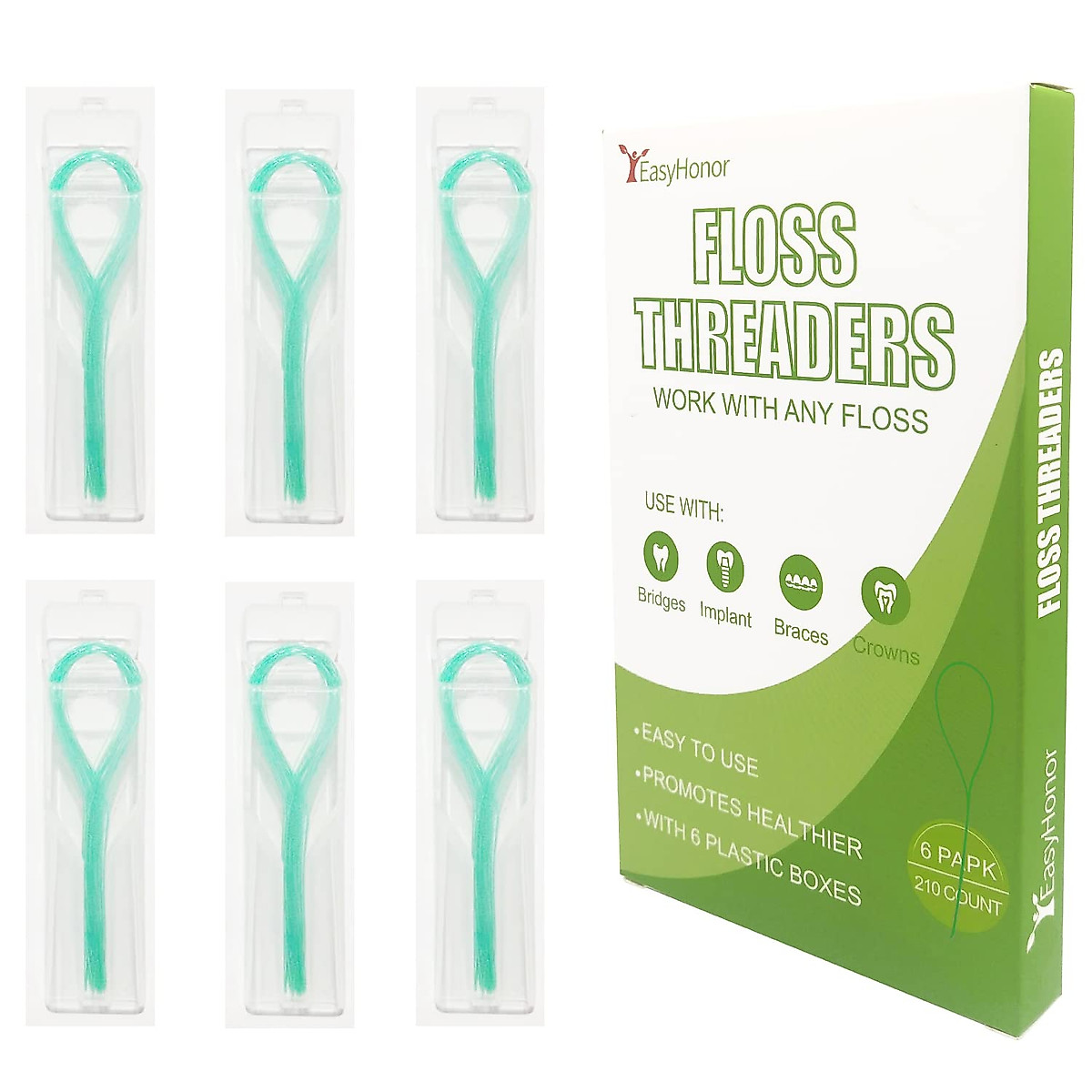 EasyHonor Dental Floss Threaders for Braces, Bridges, and Implants,Green, 210 Count (6 Pack)