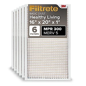 Filtrete 16x20x1 AC Furnace Air Filter, MERV 5, MPR 300, Capture Unwanted Particles, 3-Month Pleated 1-Inch Electrostatic Air Cleaning Filter, 6-Pack (Actual Size15.69x19.69x0.81 in)