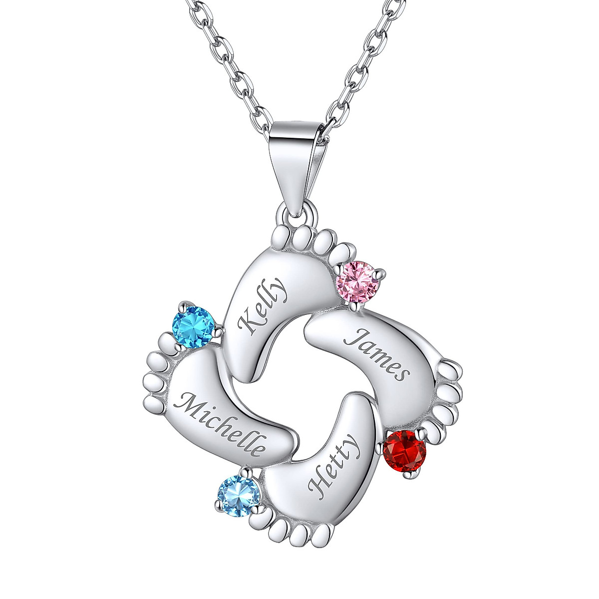 ChicSilver Sterling Silver Custom Feet Pendant Necklace for Women Personalized Mothers Necklace with 4 Simulated Birthstones 4 Names Engraved Mother Day Jewelry Gift for Mom Grandma