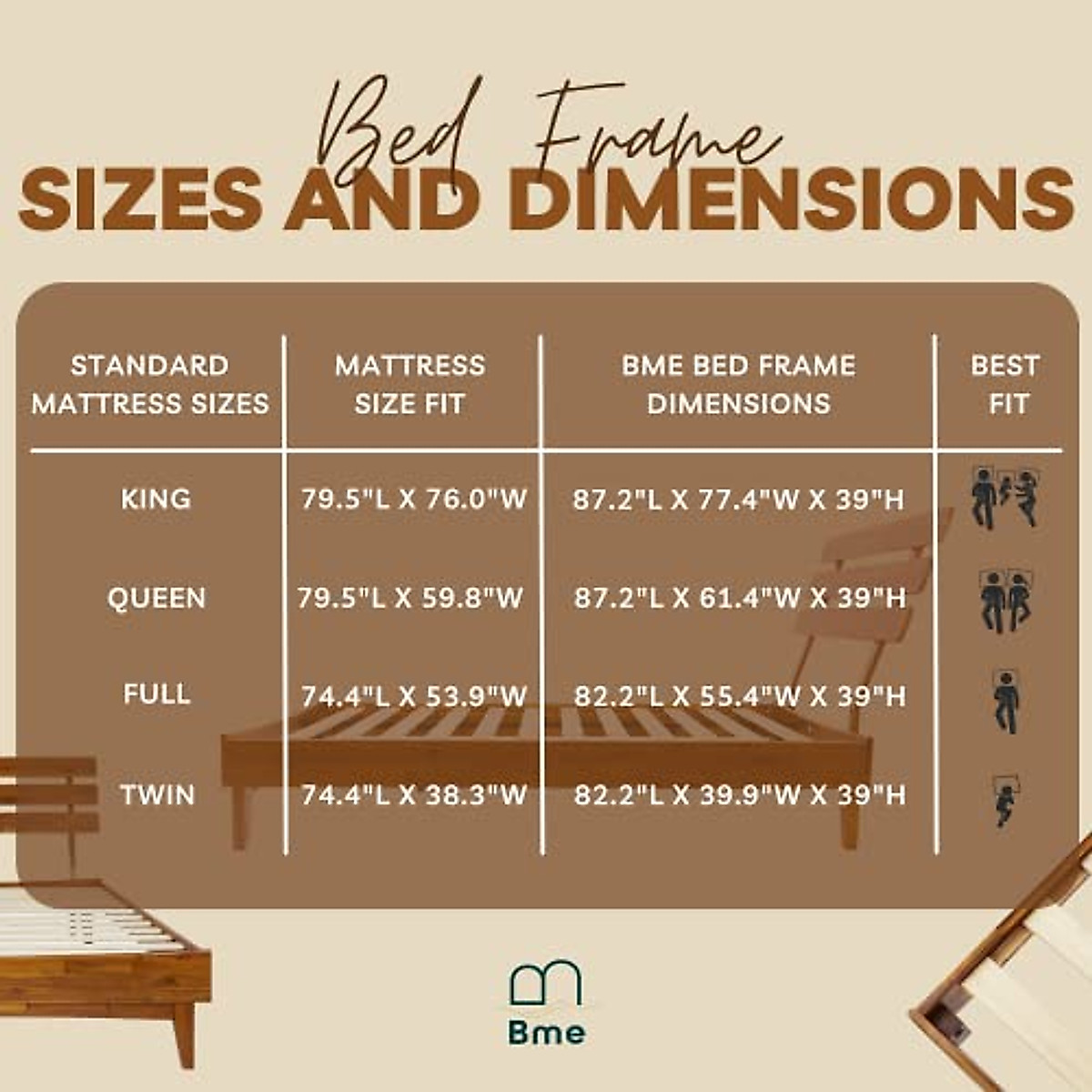 Bme Caden 15 Inch Deluxe Bed Frame with Adjustable Headboard - Mid Century, Retro Style with Acacia Wood - No Box Spring Needed - 12 Strong Wood Slat Support - Easy Assembly - Caramel, King