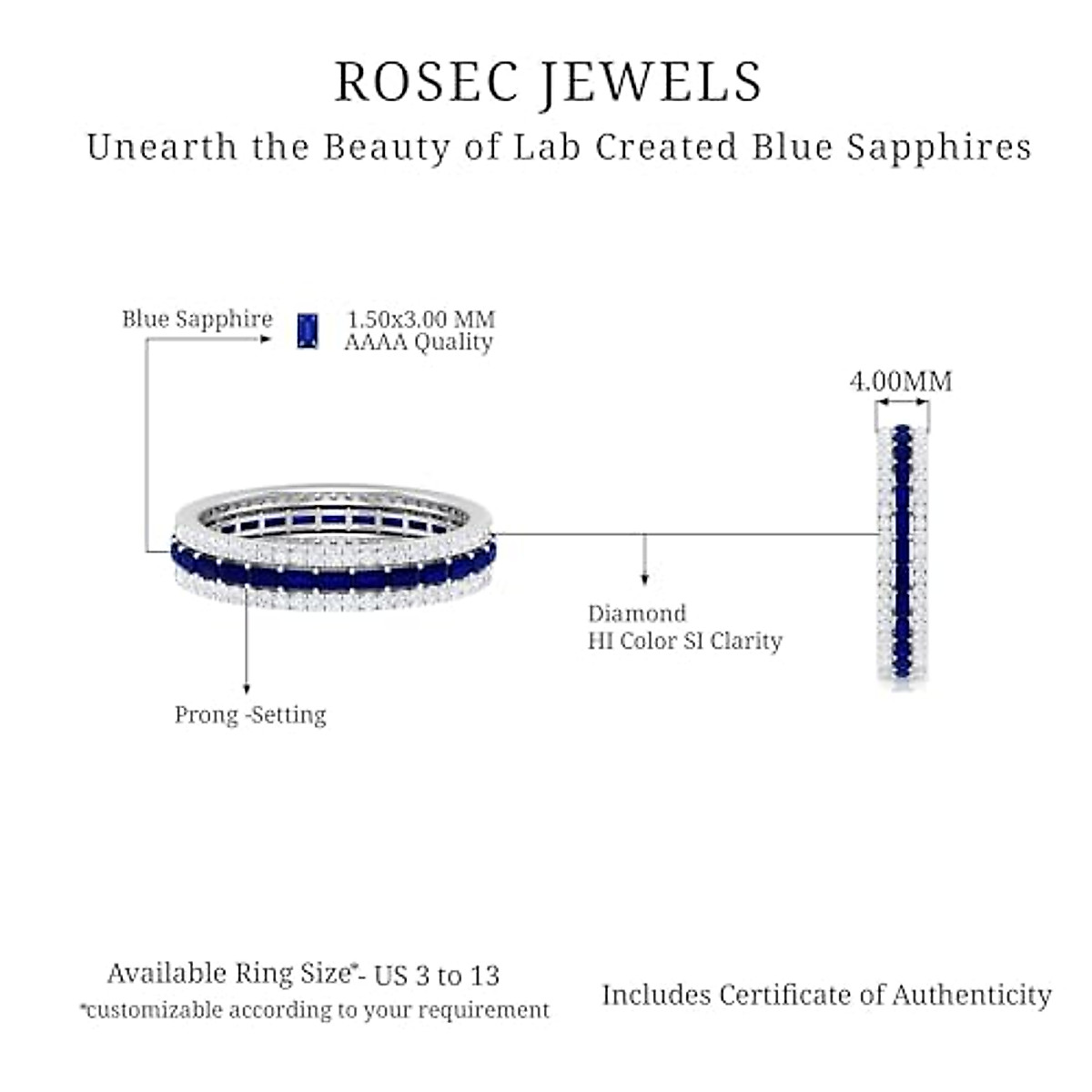 Rosec Jewels Certified Lab Grown Blue Sapphire Eternity Band Ring, Sapphire Diamond Band, Wedding Anniversary Ring, 14K White Gold, Size:US 10.50